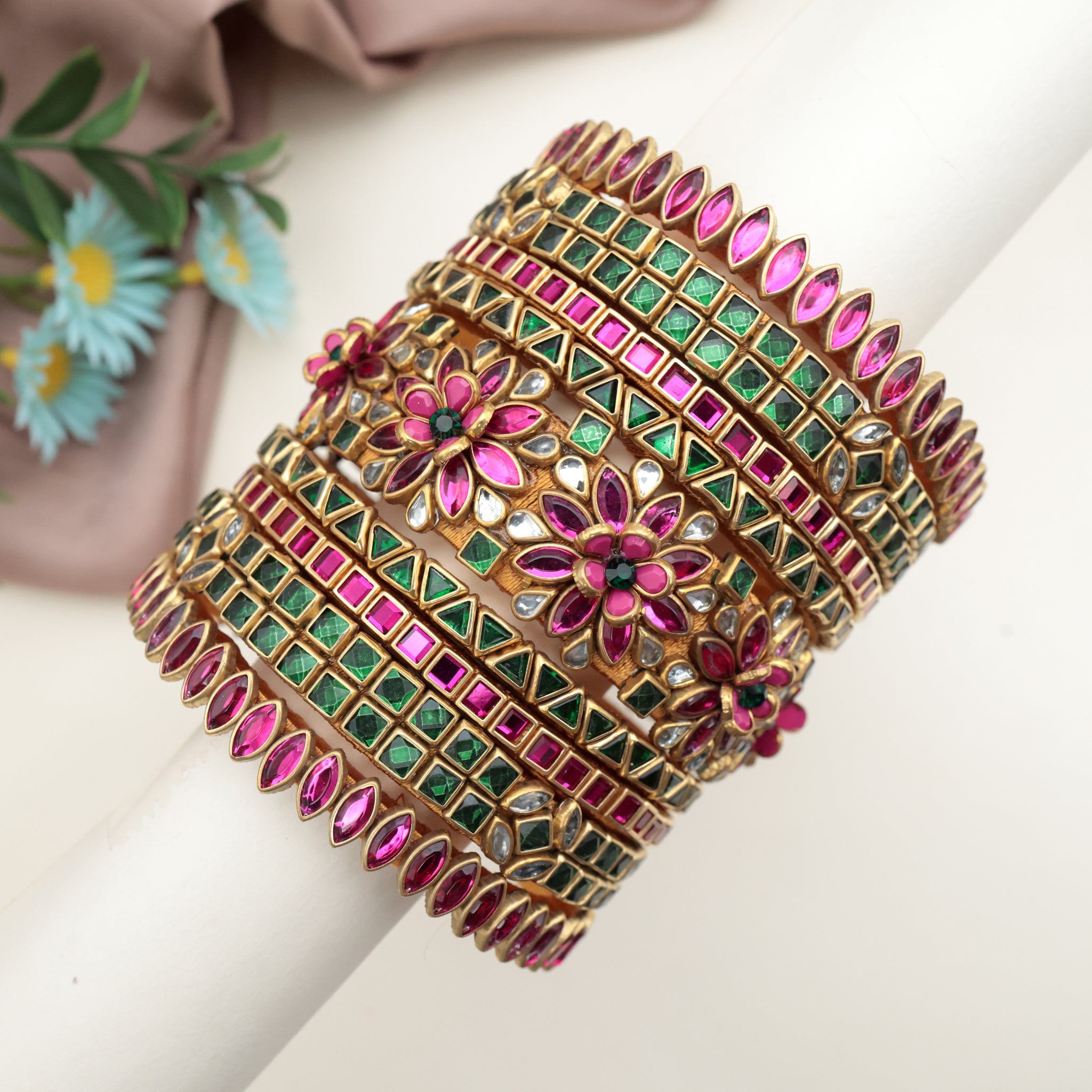 Handmade Silk Thread Kundan Heavy Bridal Bangles Set - Poo