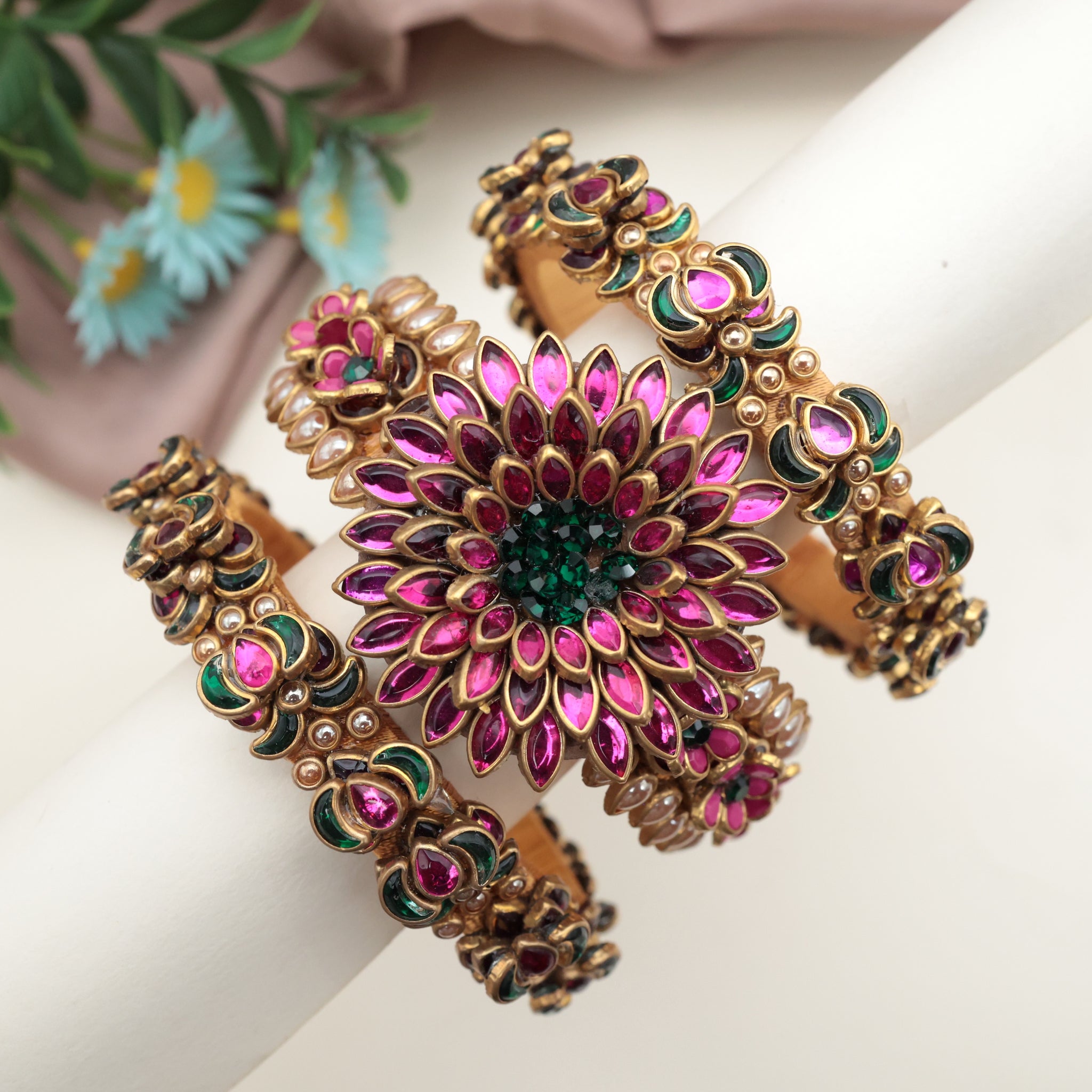 Handmade Silk Thread Kundan 3D Embossed Heavy Bridal Bangles Set - Sun