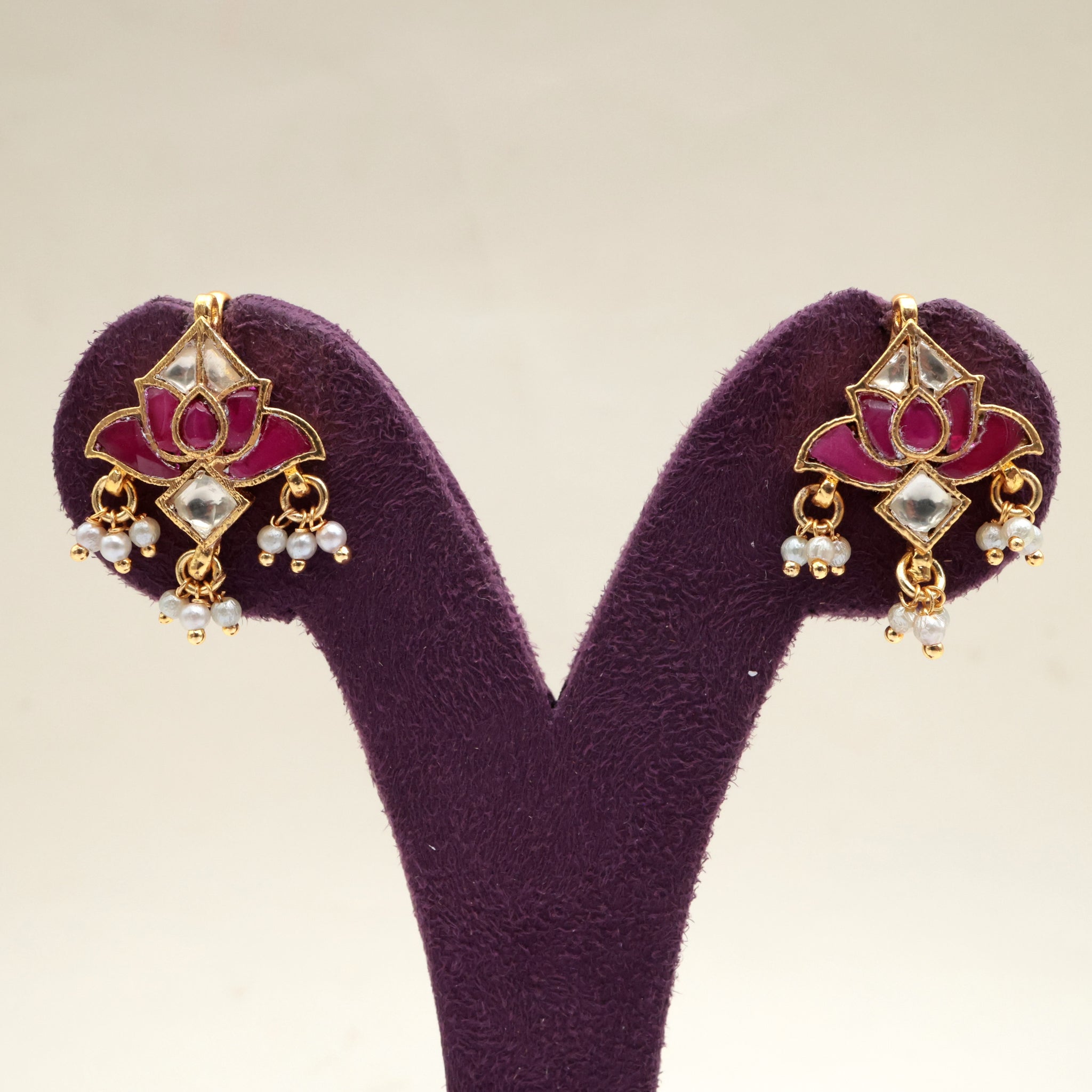 PREMIUM PACHI KUNDAN LOTUS KOPPU EARRINGS (RUBY) - BUGADI EARRINGS FOR
