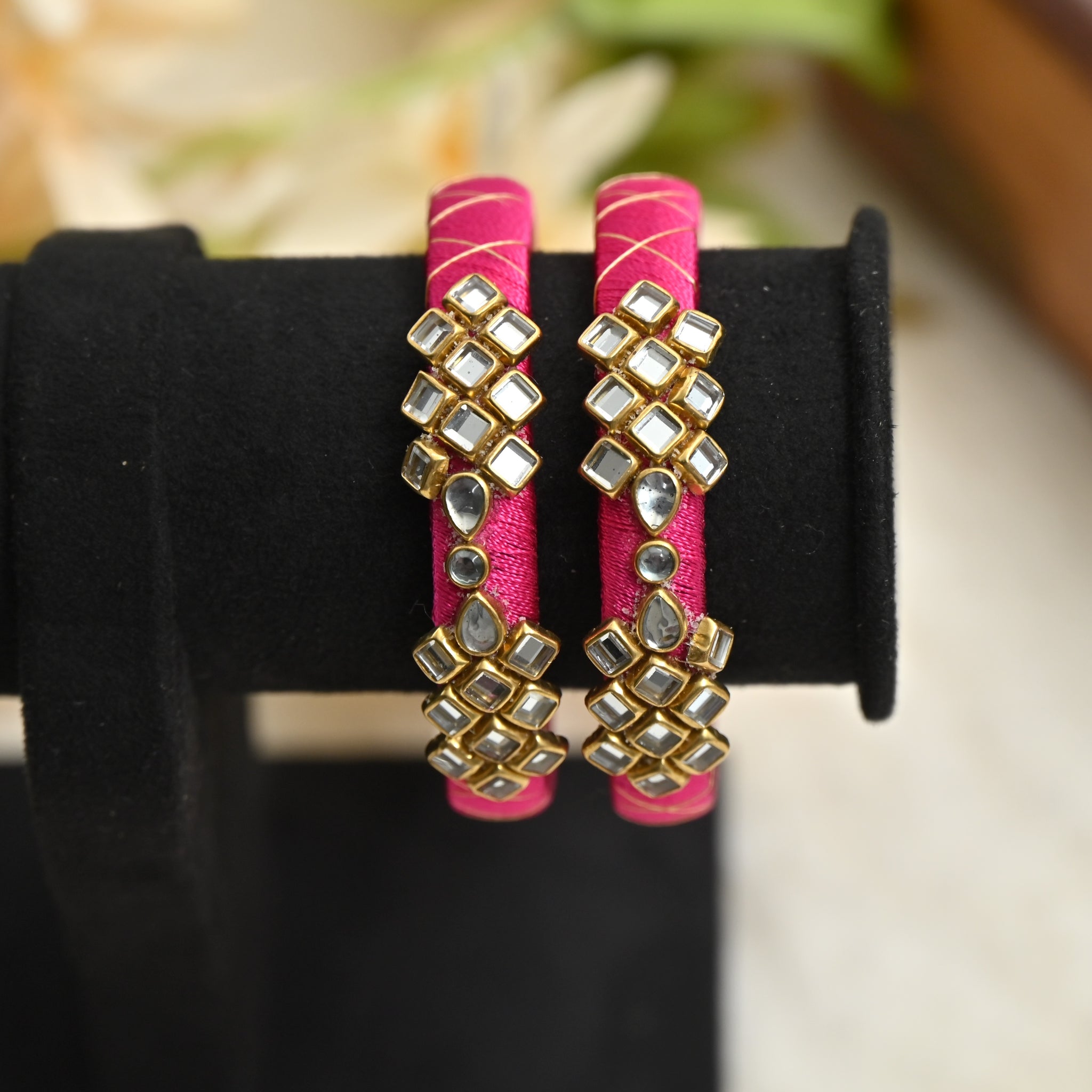 Checkered Pattern Silk Thread Kundan Kids Bangles 2 - Best Return Gift