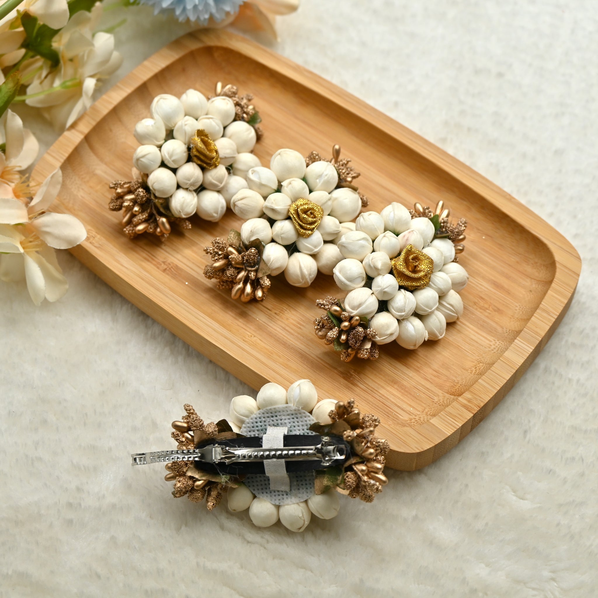 Handmade White & Gold Malli Rose With Pollens French Barrette Hair Cli