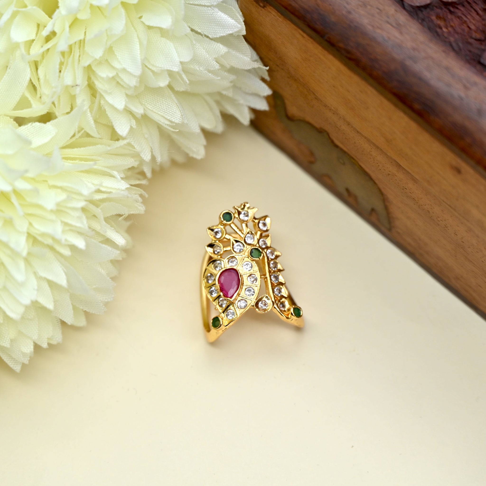 Real Gold Tone Traditional AD Peacock Vanki Finger Ring / Neli Modhira