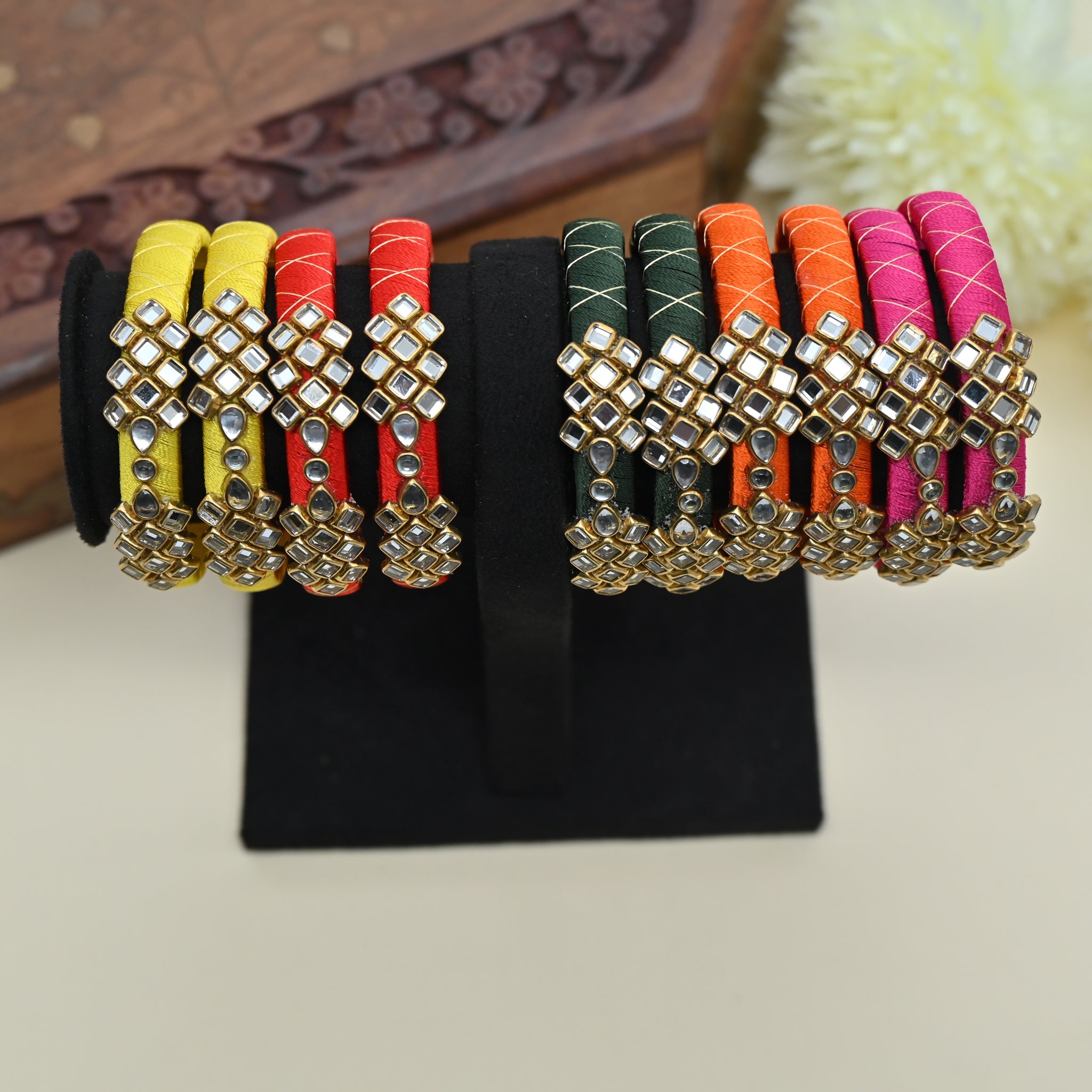 Handmade Checkered Silk Thread Kundan Bangles Combo For Kids - Pack of