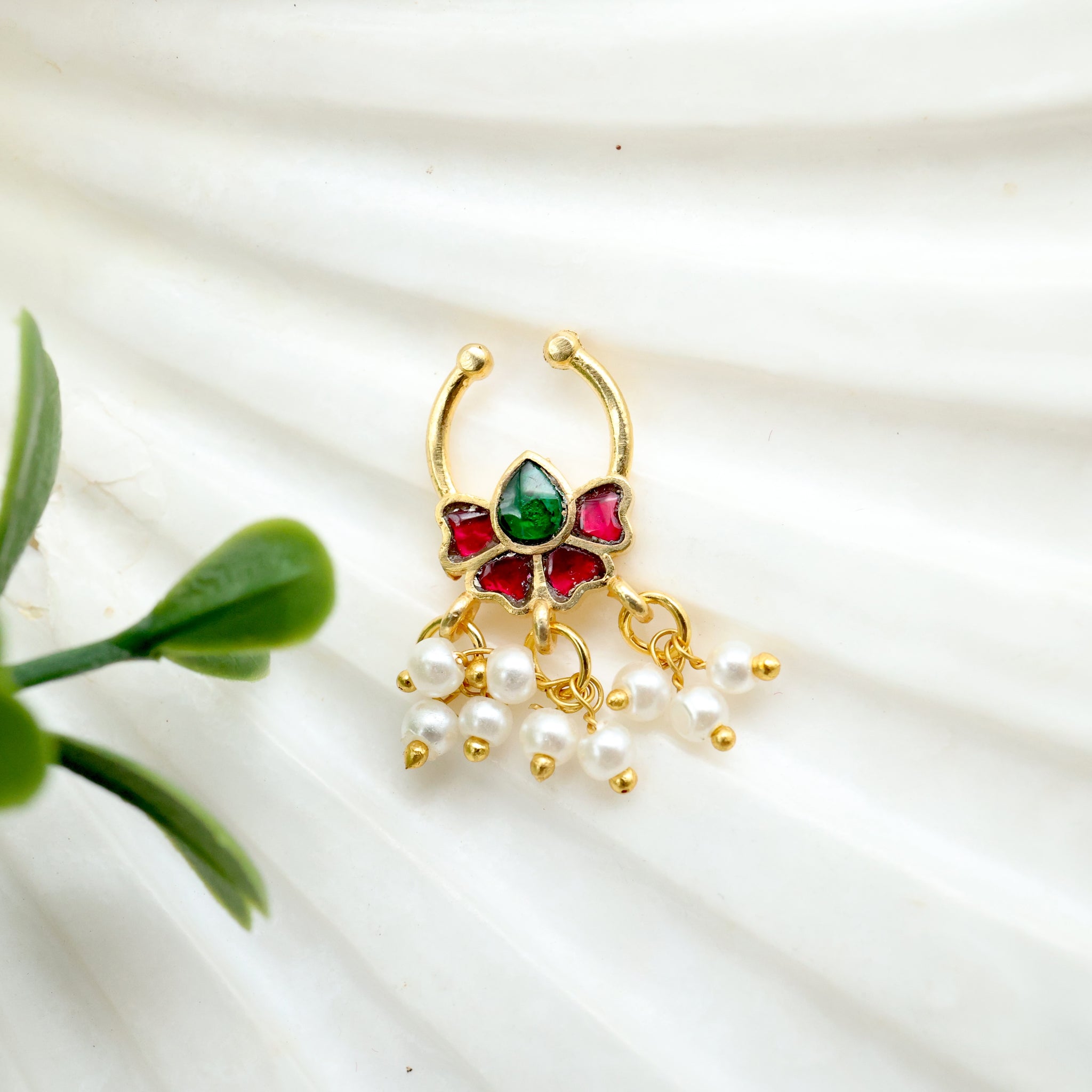 Jadau Kundan Half Flower Septum Nose Ring (Ruby & Green) - No Piercing