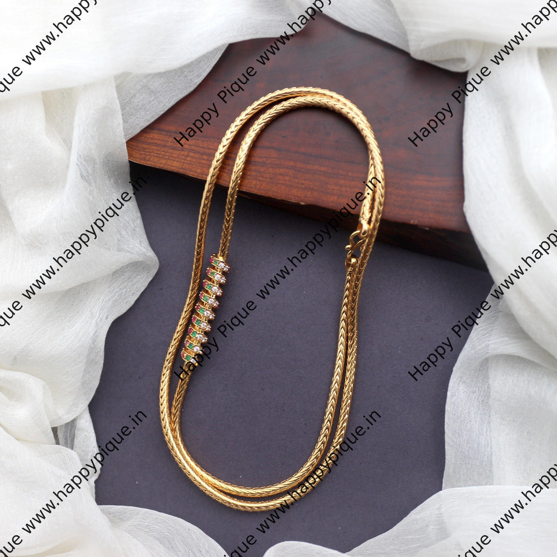 Real Gold Tone AD Spiral Thali Mogappu Chain - Ruby, White & Green ...