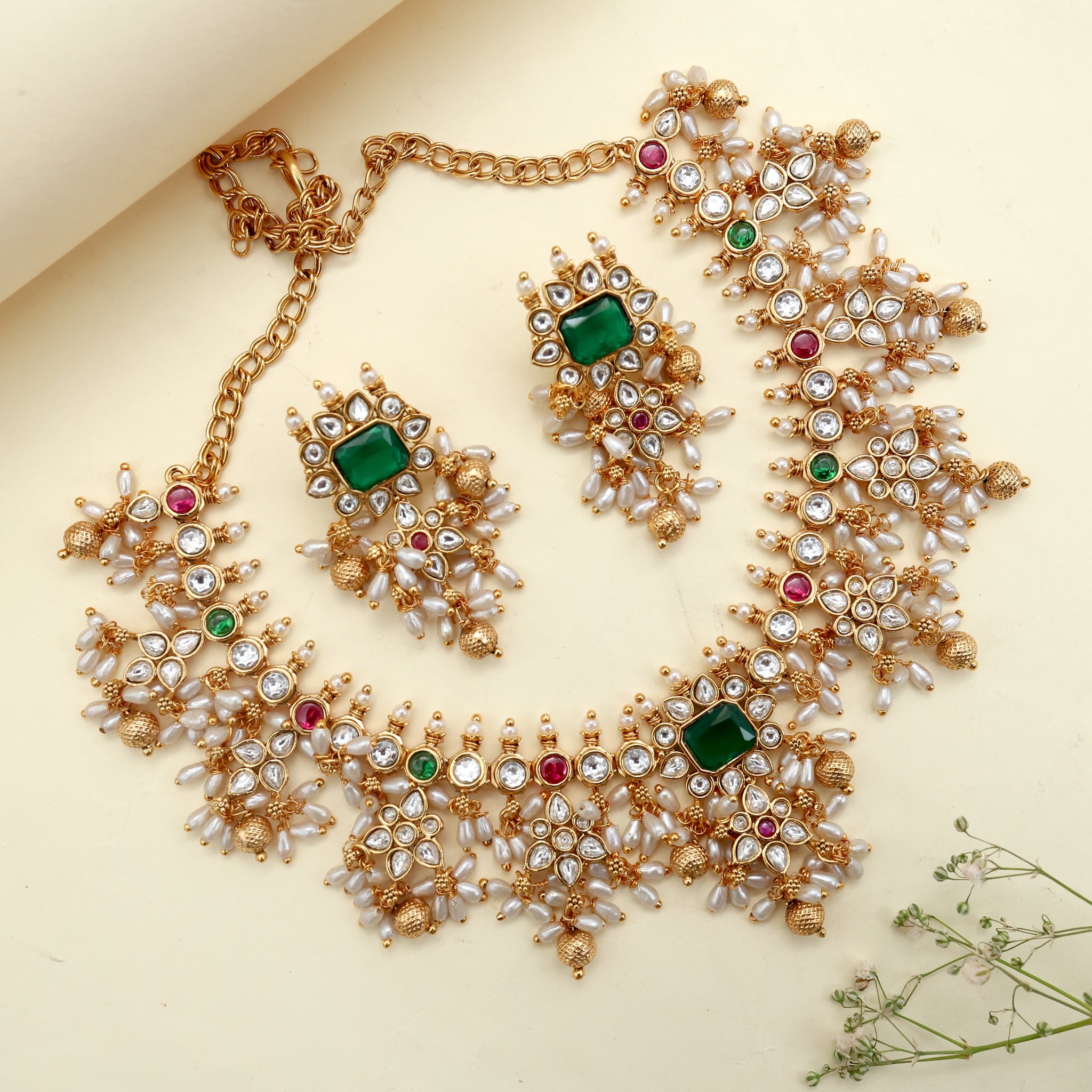 Real Gold Look Rectangle Stone Pendant Rice Pearls Bridal Guttapusalu
