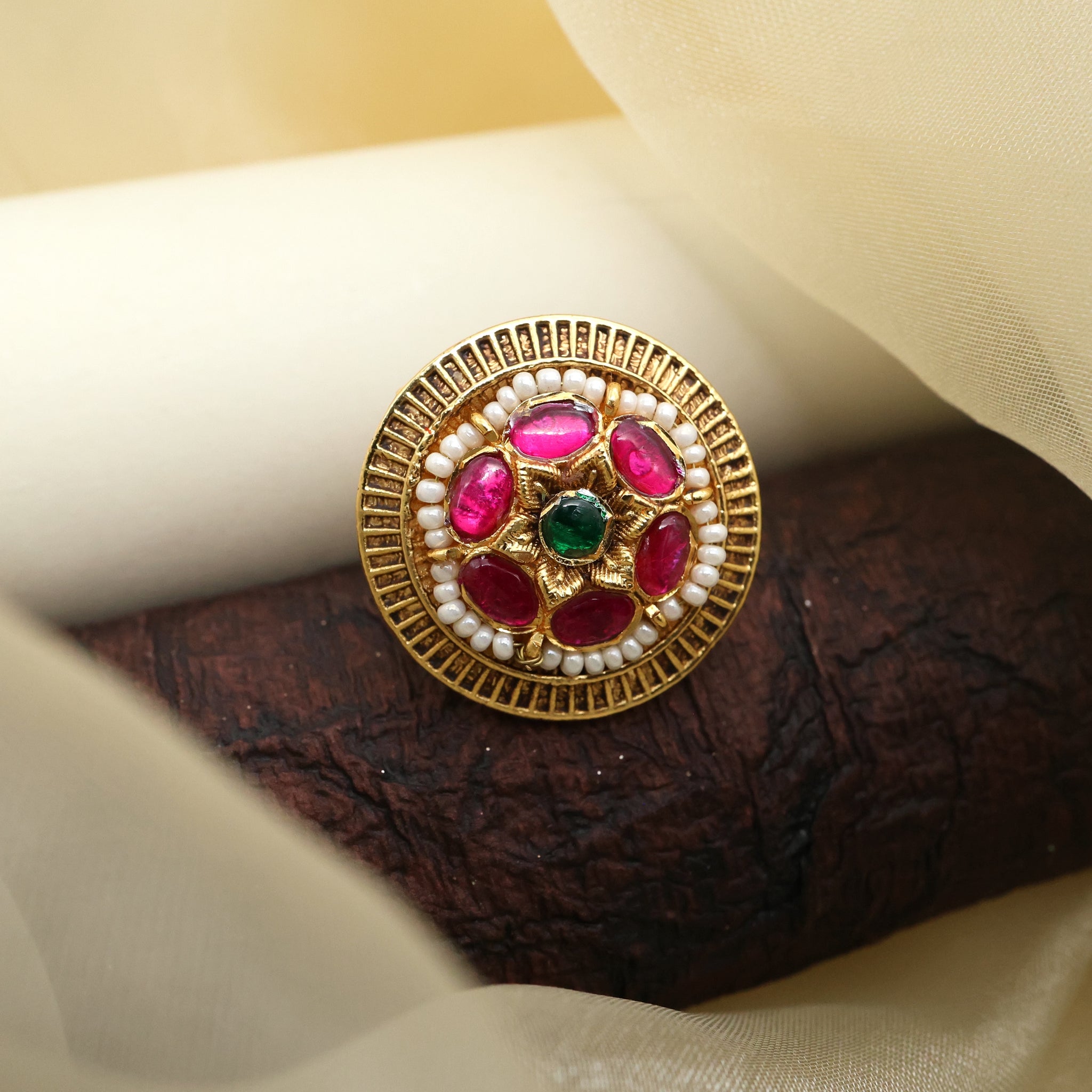 GOLD TONE CHAKRA PEARL JADAU KUNDAN ADJUSTABLE STATEMENT FINGER RING