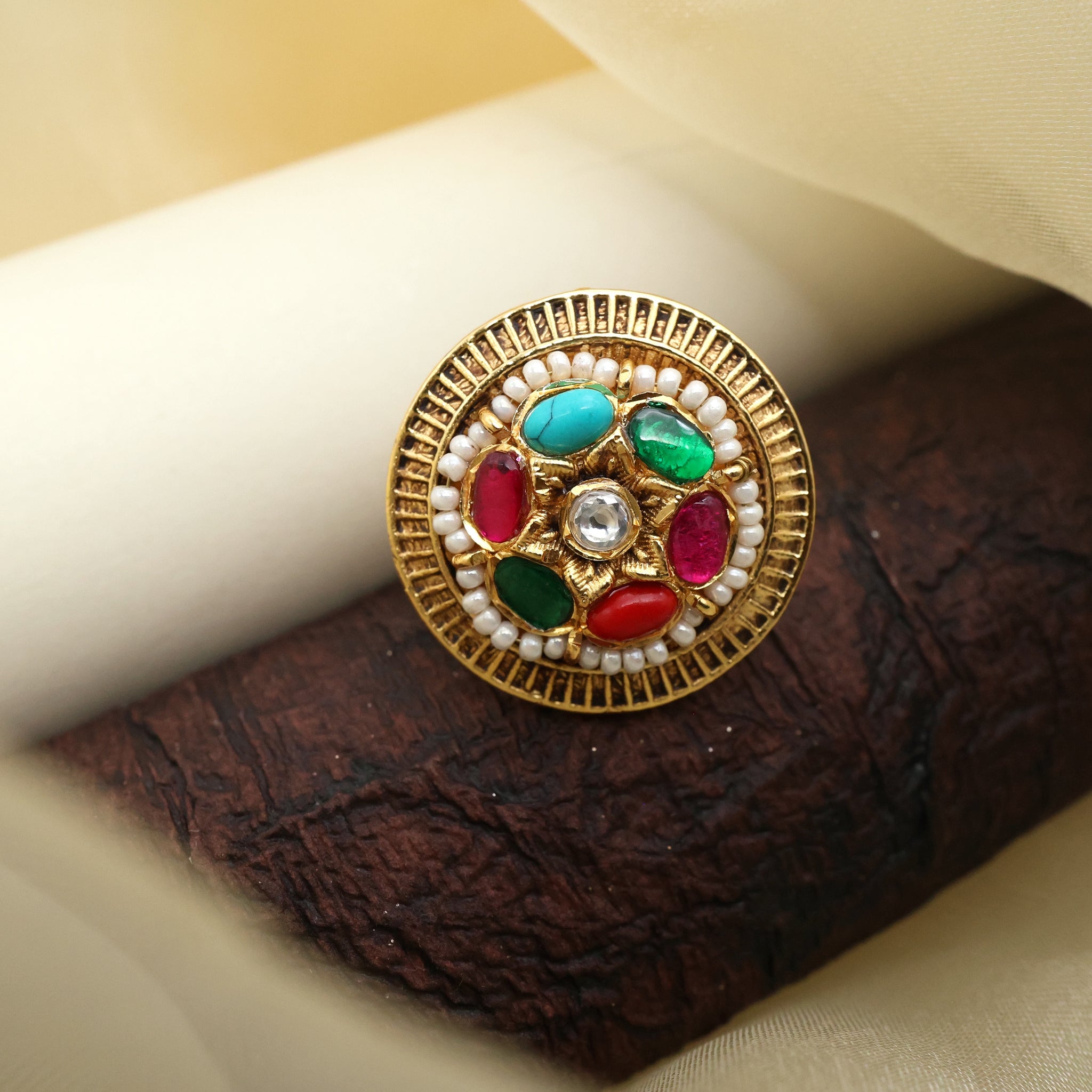 GOLD TONE CHAKRA PEARL JADAU KUNDAN ADJUSTABLE STATEMENT FINGER RING