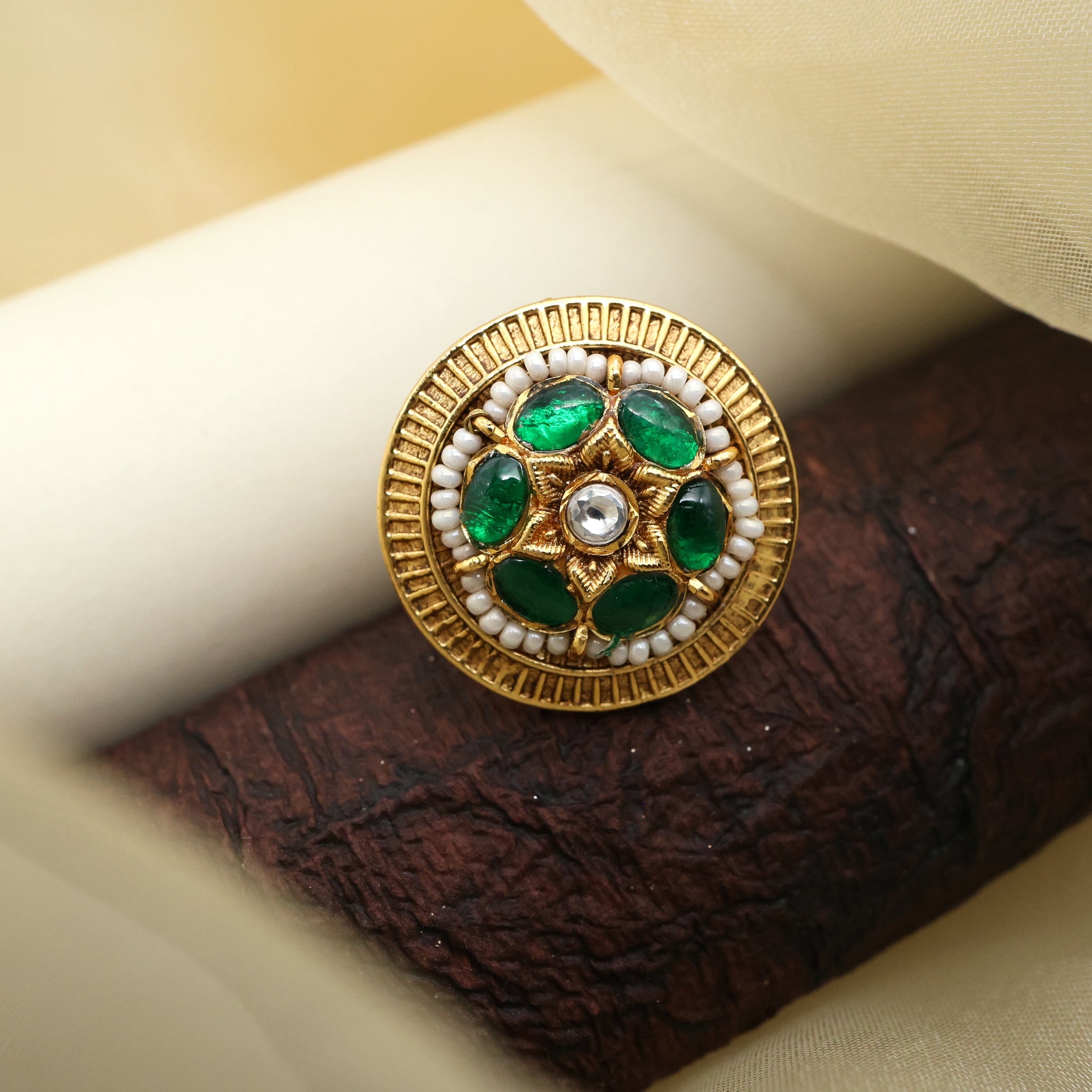 GOLD TONE CHAKRA PEARL JADAU KUNDAN ADJUSTABLE STATEMENT FINGER RING