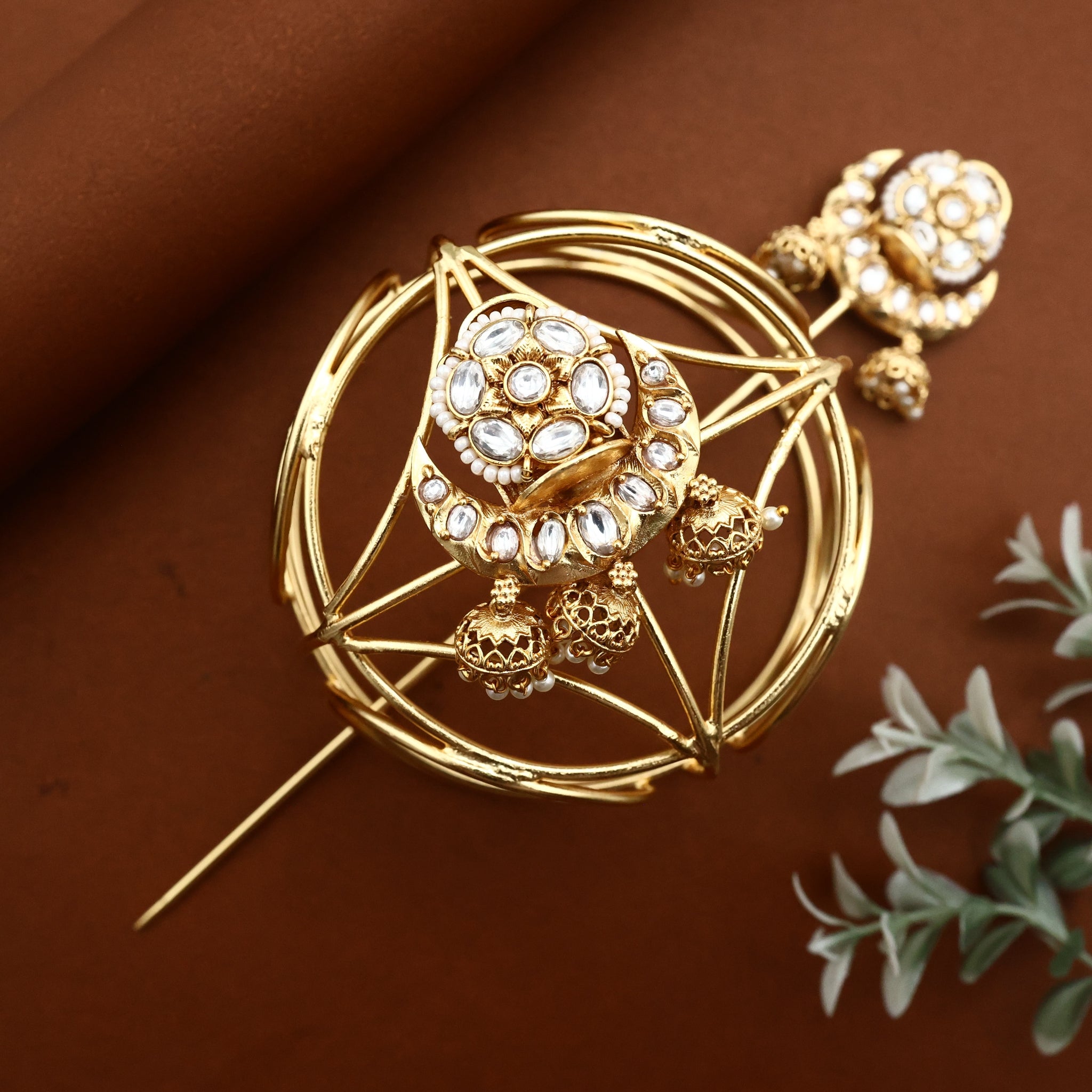 Jadau Kundan Flower Chaand Hair Bun Holder - WHITE - Bun Cage Hair Acc