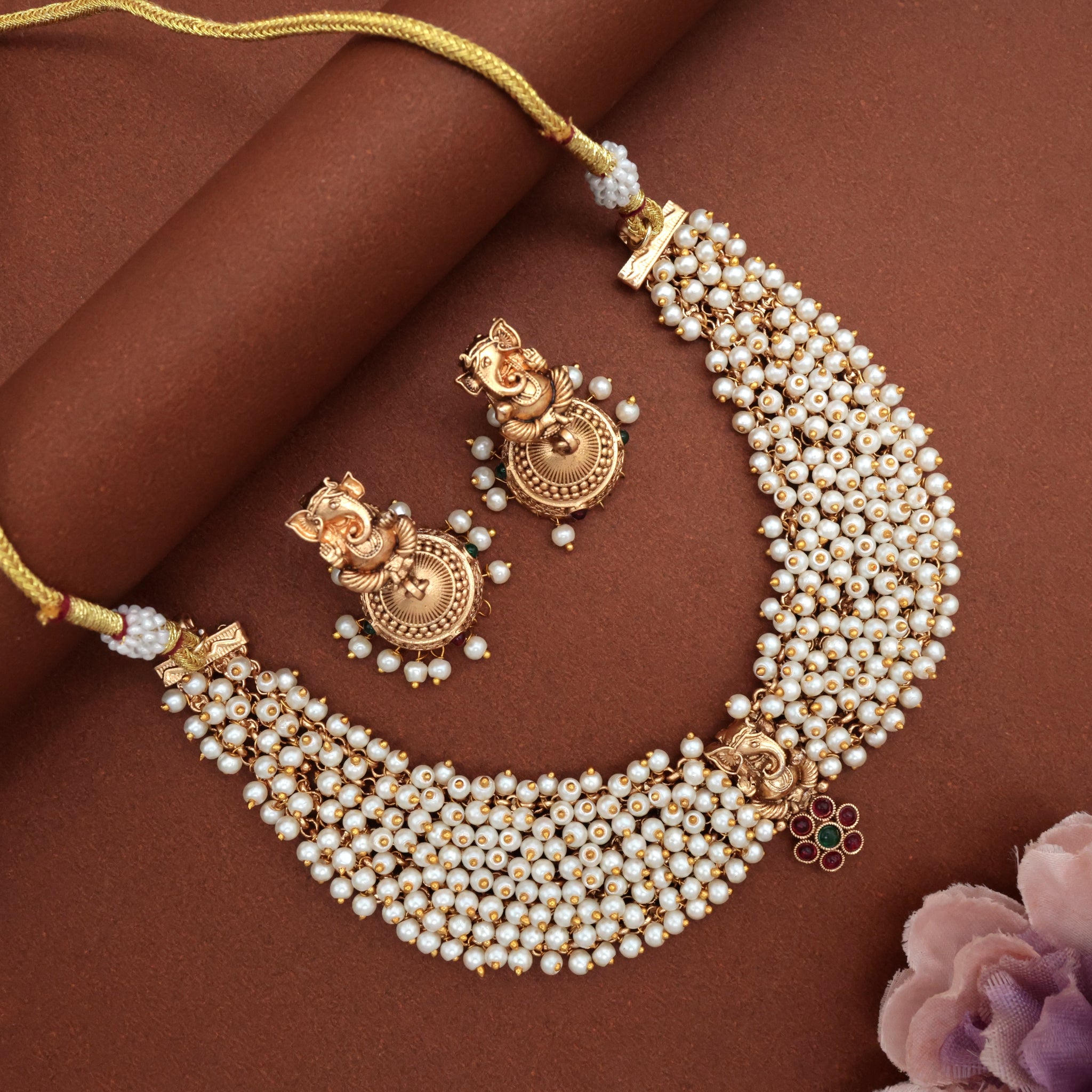 Pearl Bunch Antique Gold Ganesha Necklace Set