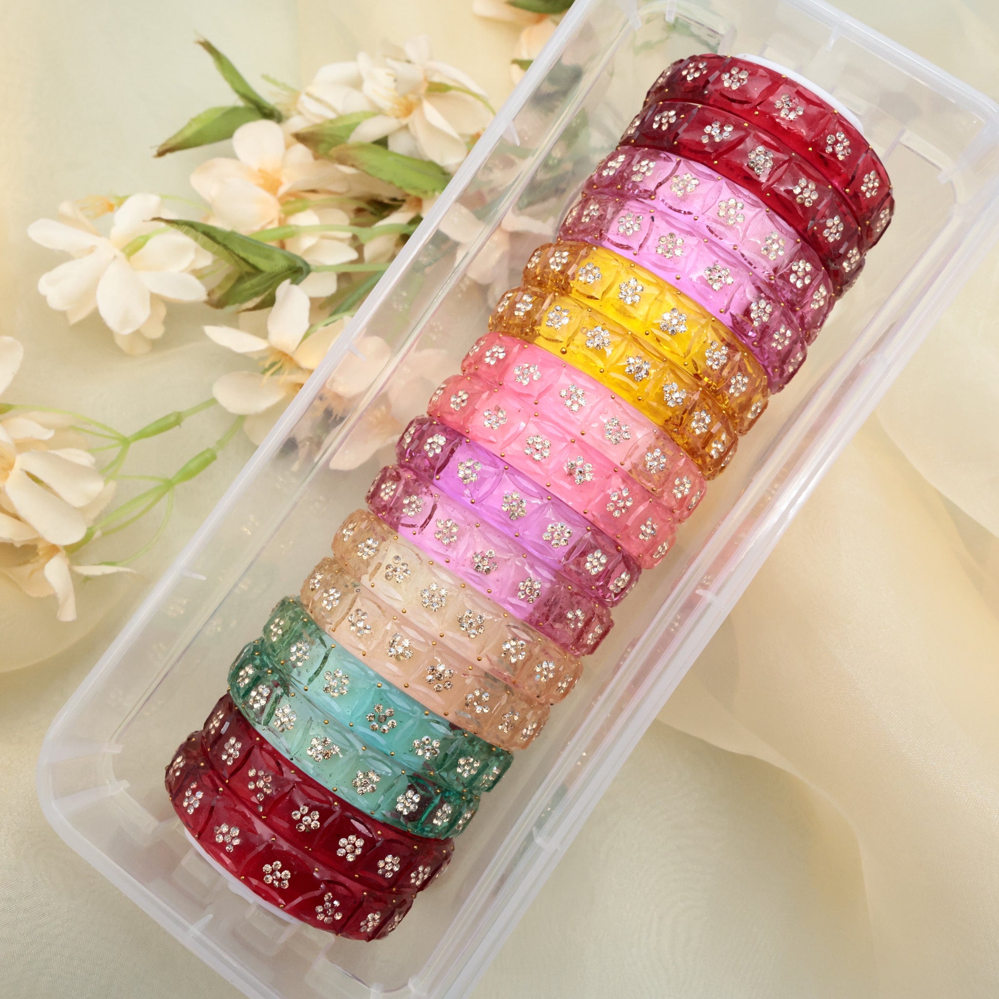 Pack of 8 Pairs Thick Square Cut Flower Stone Kada Border Bangles