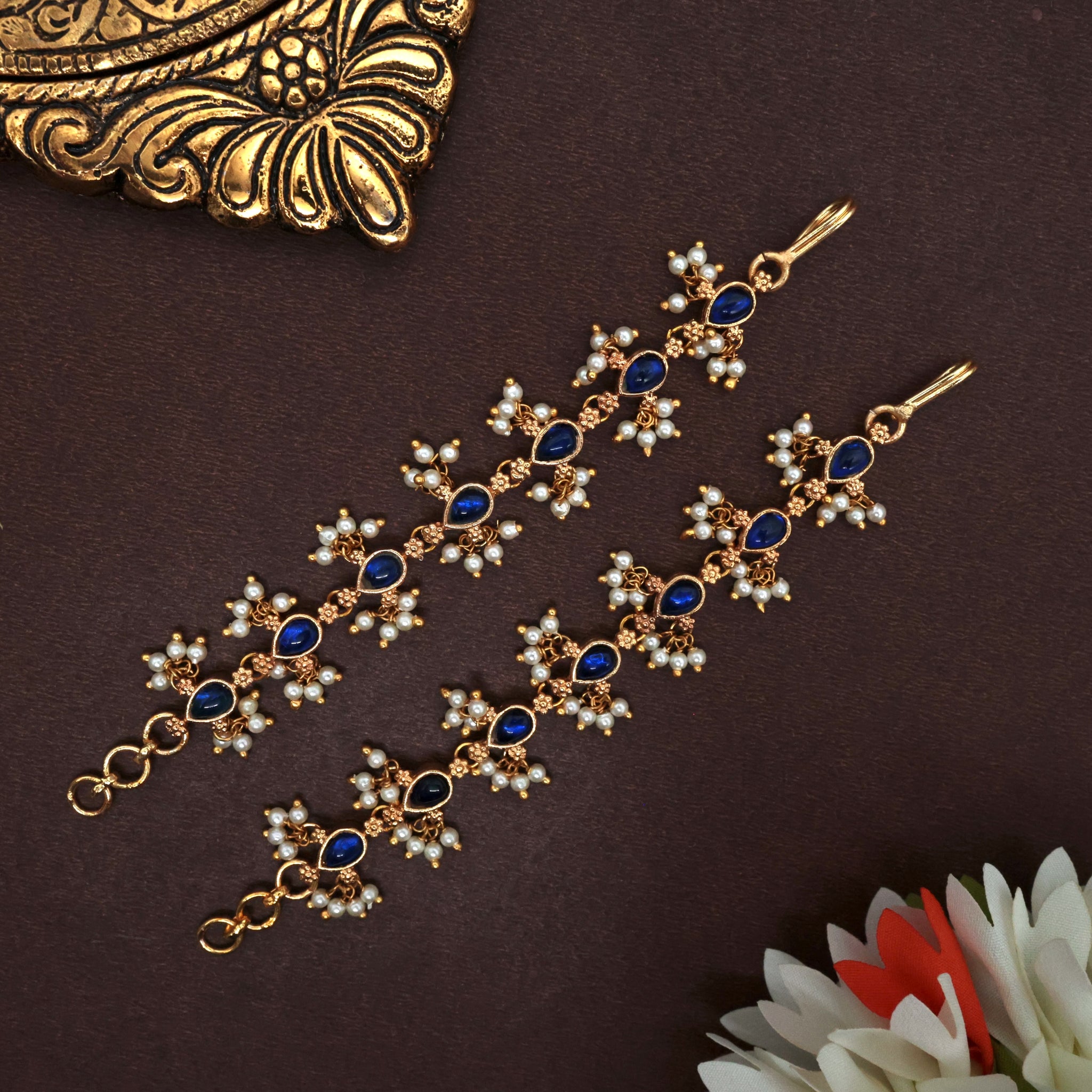 Jadau Kundan Drops Traditional Bridal Straight Maatal / Ear Chain - Bl