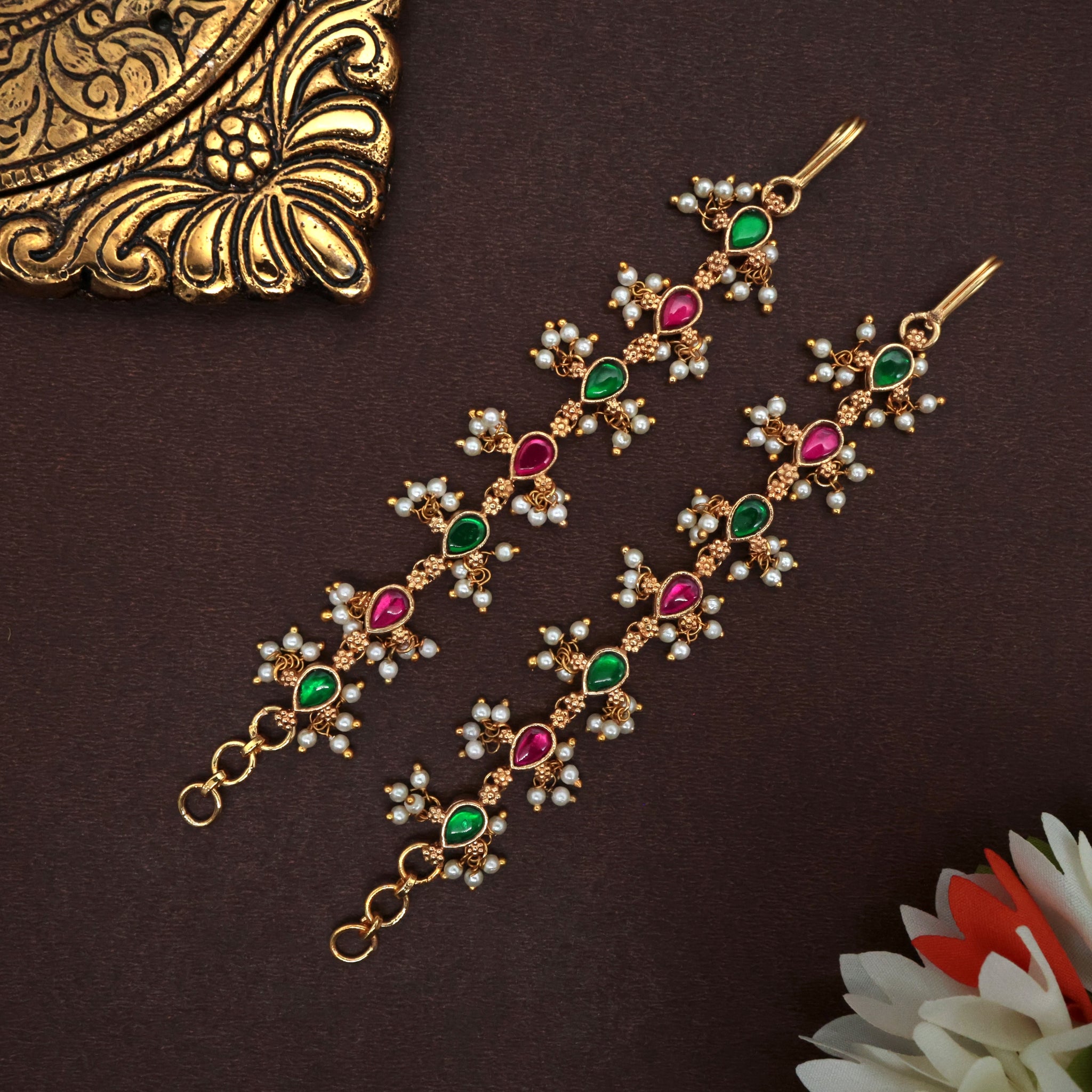 Jadau Kundan Drops Traditional Bridal Straight Maatal / Ear Chain - Ru