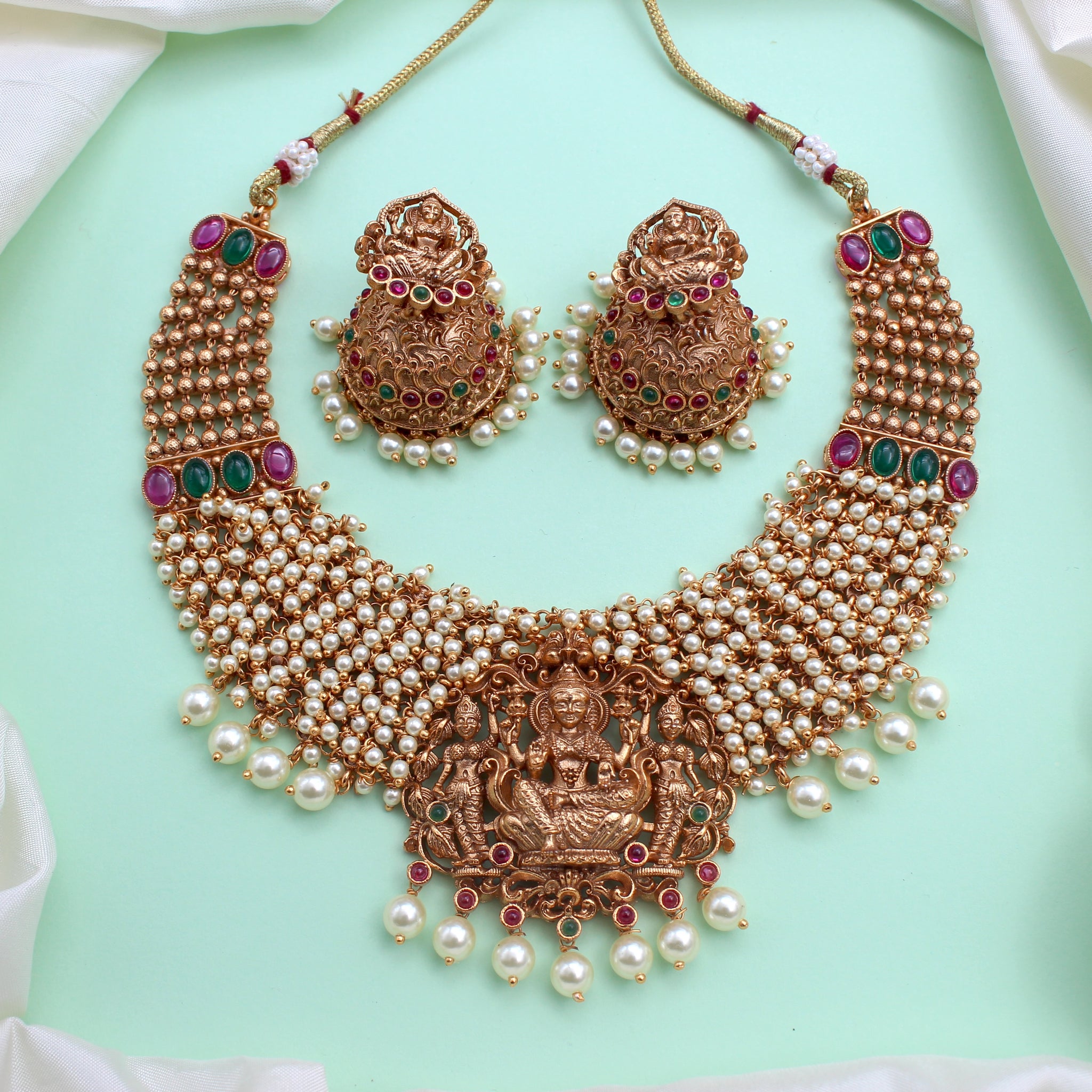 Antique Matte Pearl Bunch Lakshmi Bridal Heavy Necklace Set