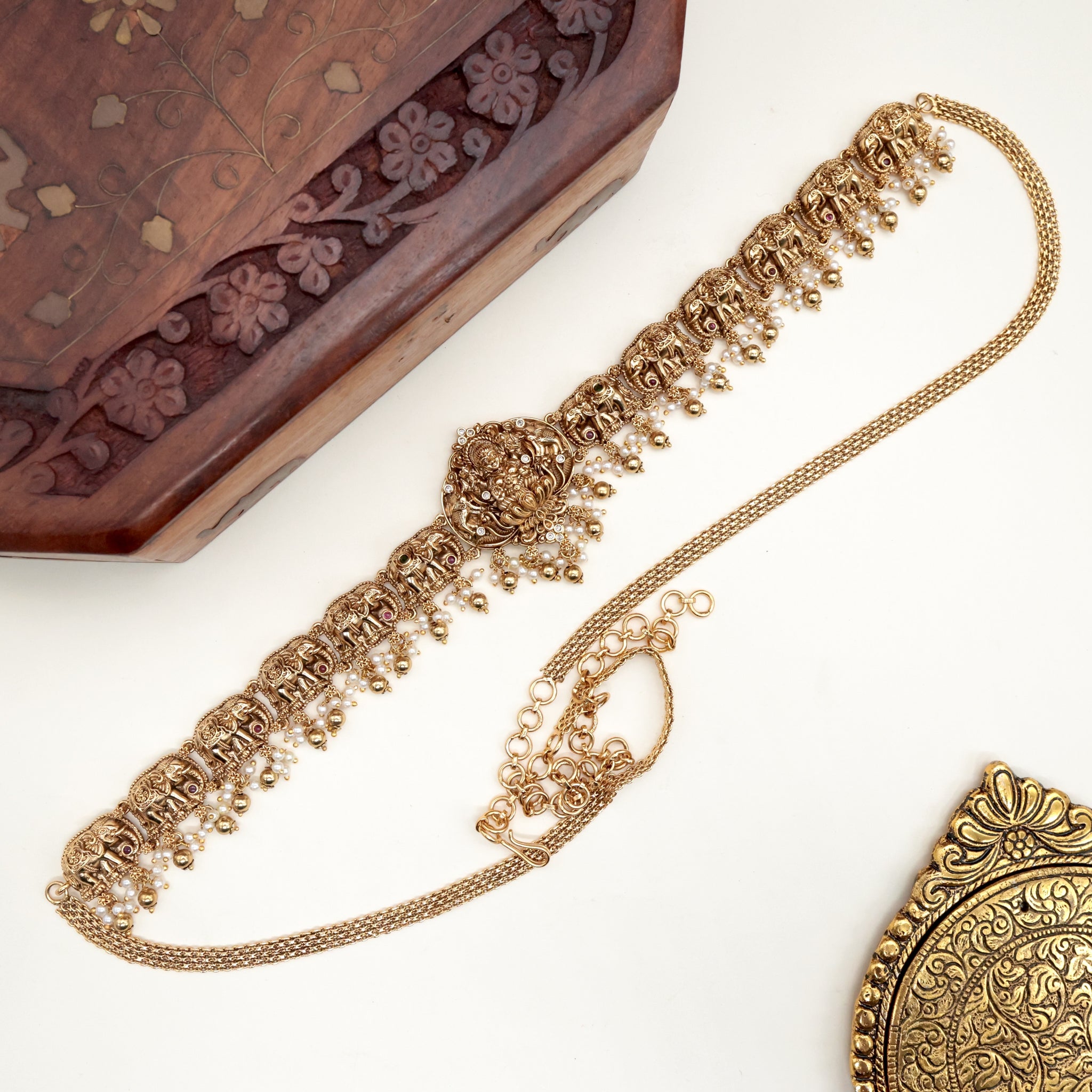 Antique Gold Nagas Royal Elephants Lakshmi Bridal Hip Chain / Hip Belt