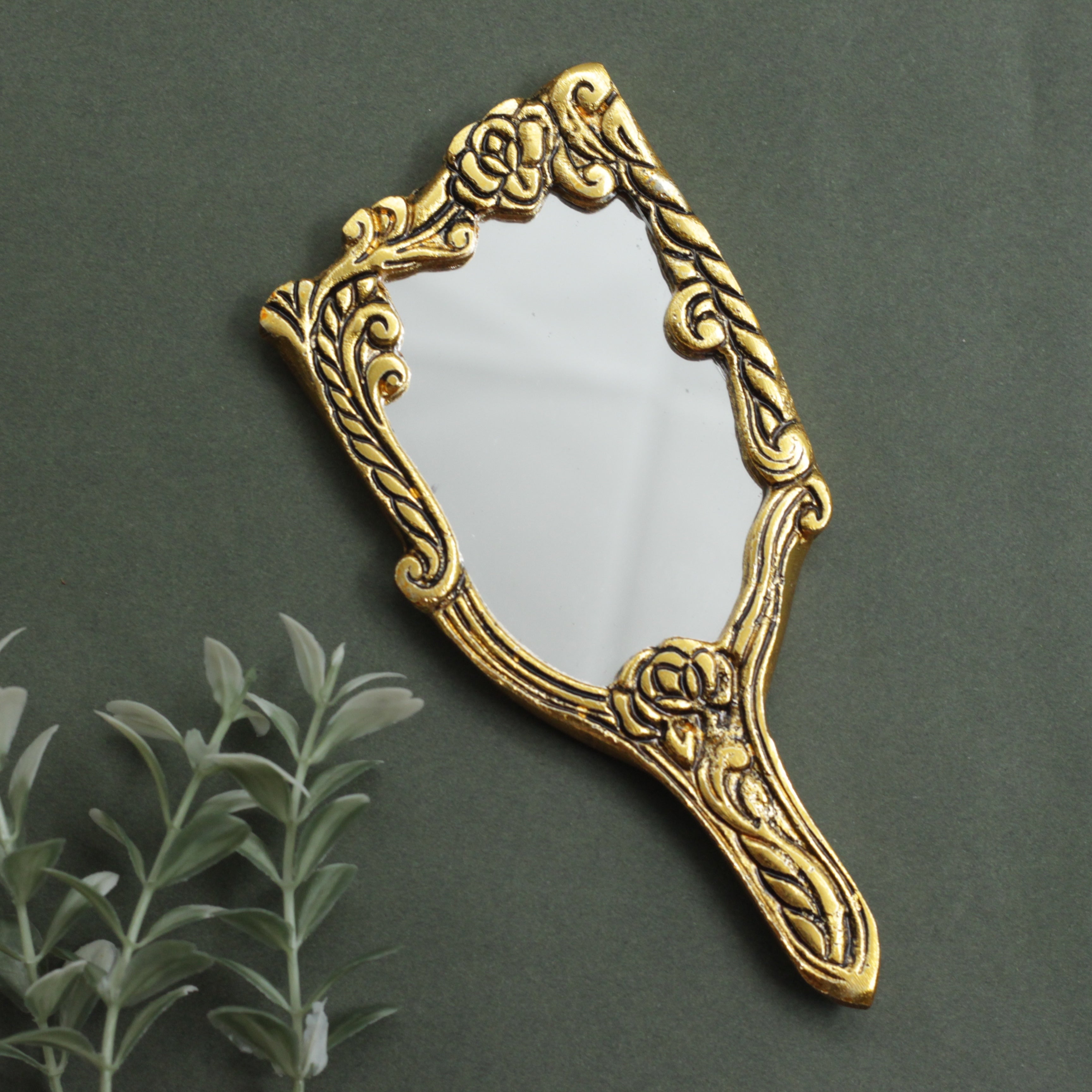 Antique Gold Vintage Metal Base Small Hand Mirror Happy Pique