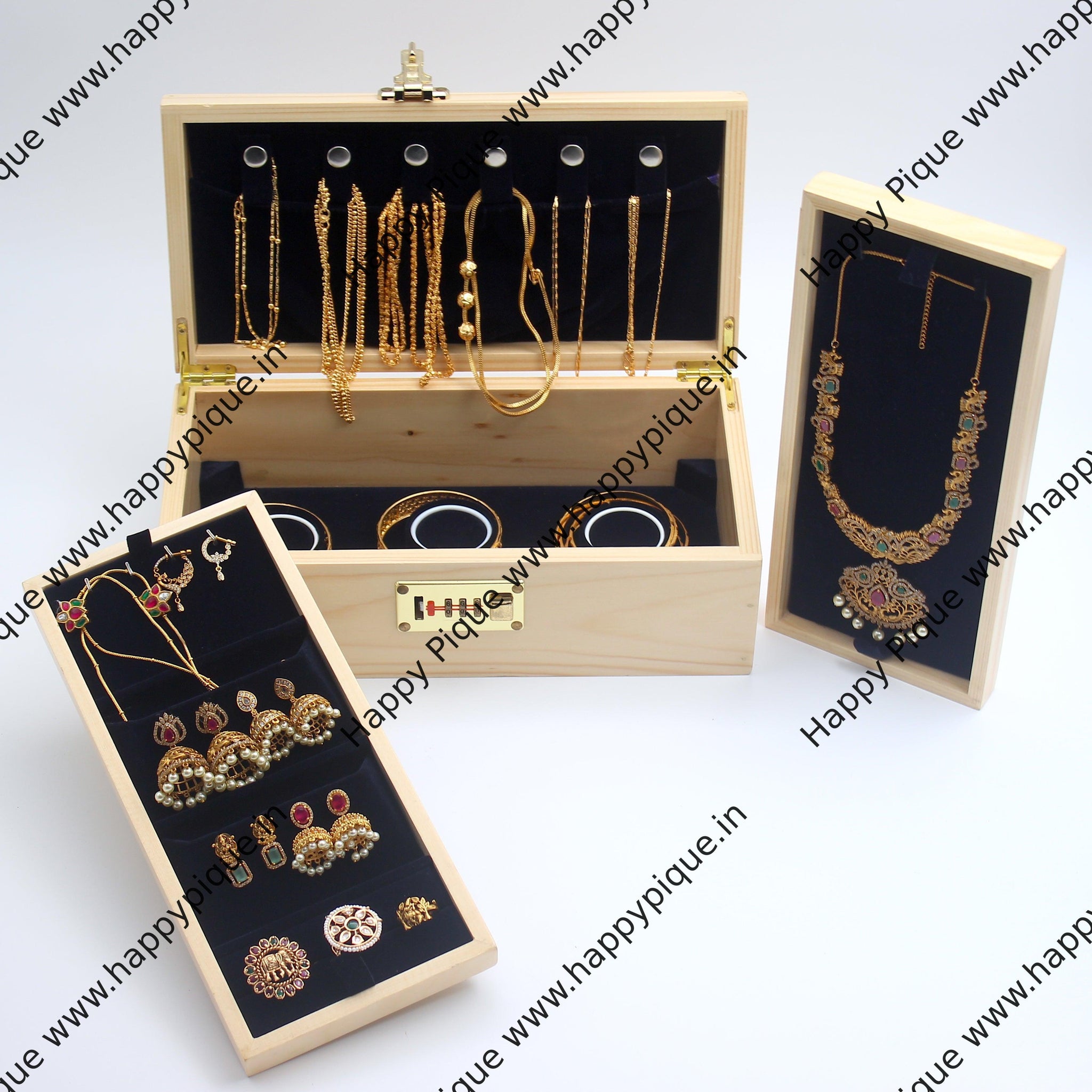 Solid Wood Number Lock Multi Level Locker Jewellery Organiser Box - Je