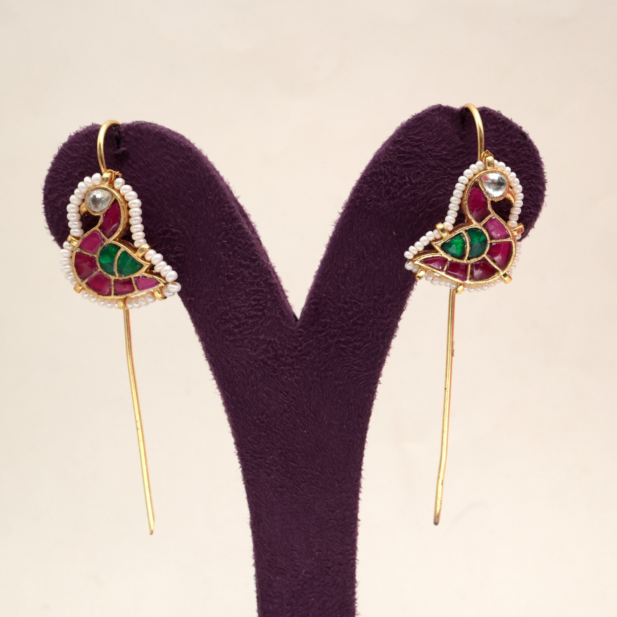 PREMIUM PACHI KUNDAN BIRD NEEDLE EARCUFF EARRINGS - RUBY, GREEN & WHIT