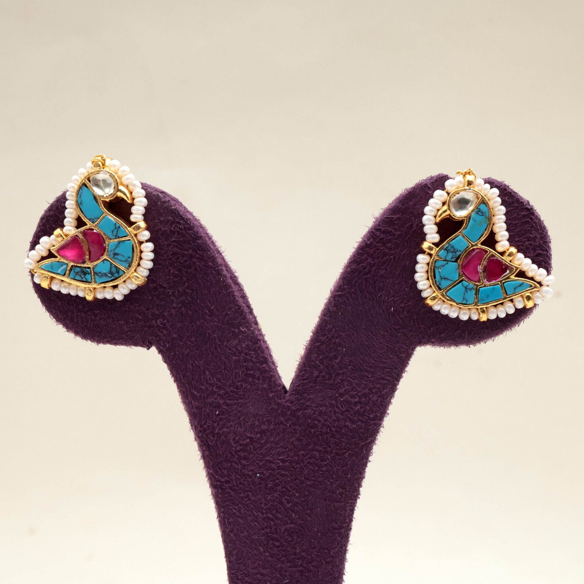 Premium Pachi Kundan Bird Koppu Earrings (Turquoise) - Bugadi Earrings