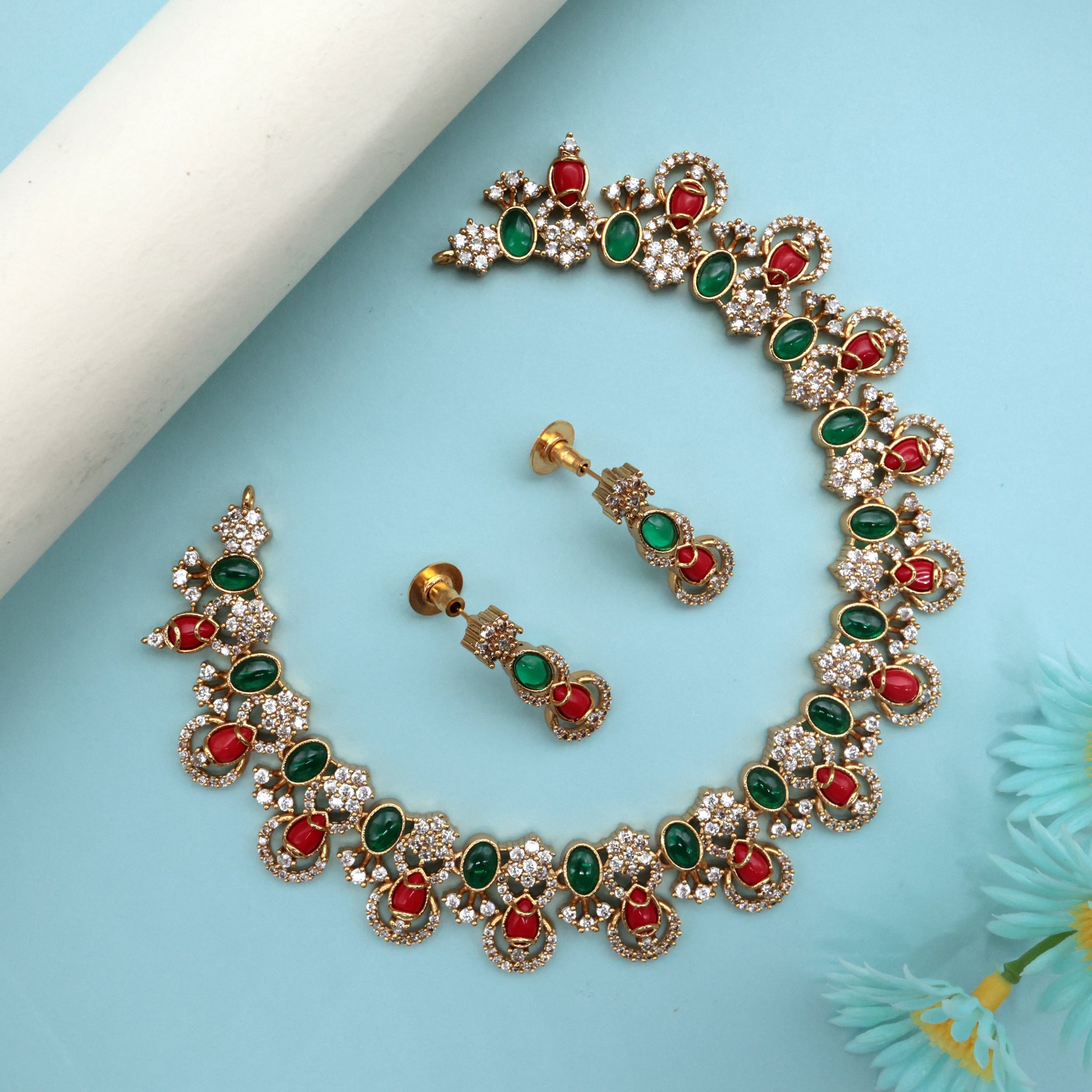 Coral Drops AD Flower Necklace Set