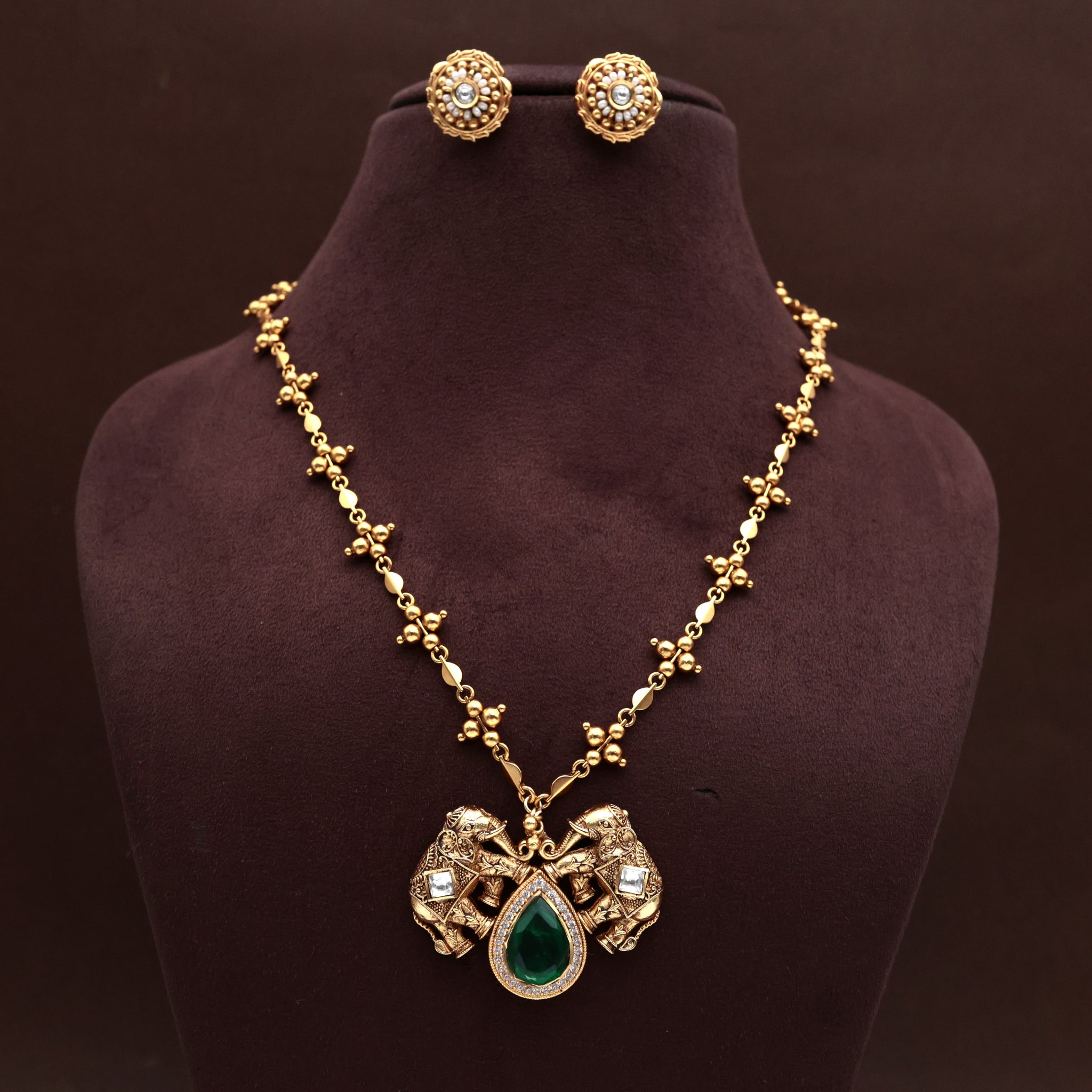 ANTIQUE GOLD AD JADAU KUNDAN PAN MANI MALA ROYAL ELEPHANTS PENDANT CHA
