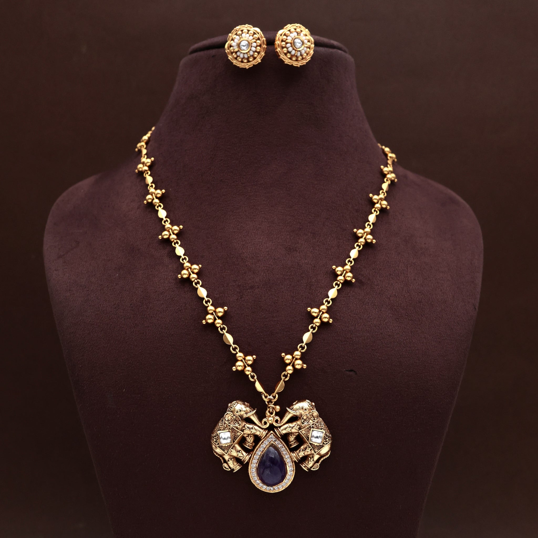 ANTIQUE GOLD AD JADAU KUNDAN PAN MANI MALA ROYAL ELEPHANTS PENDANT CHA