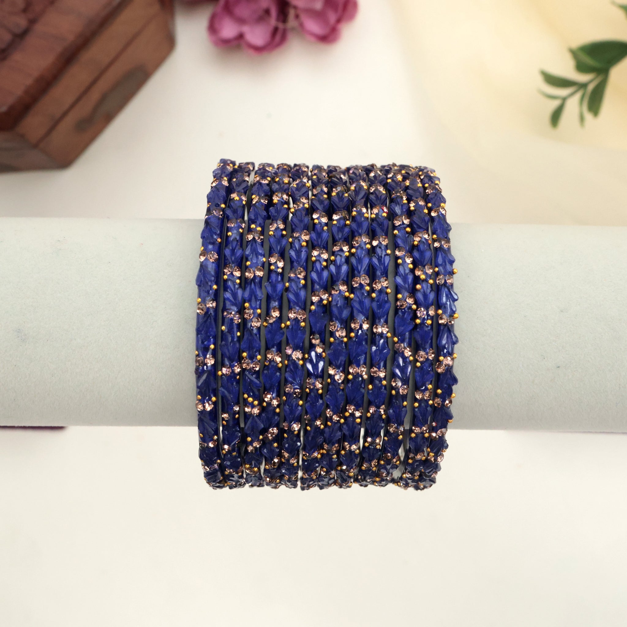 PREMIUM TULIP CUT STONE WORK GLASS BANGLES - INDIGO
