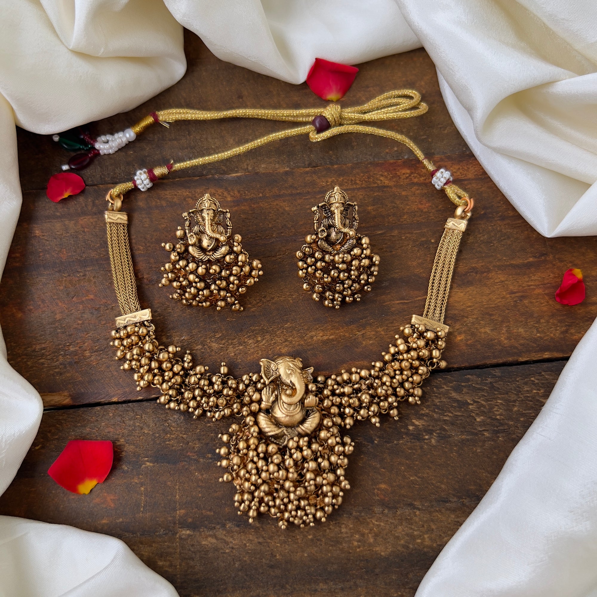 Antique Gold Matte Beads Ganesha Choker Set: Exquisite Traditional Bea