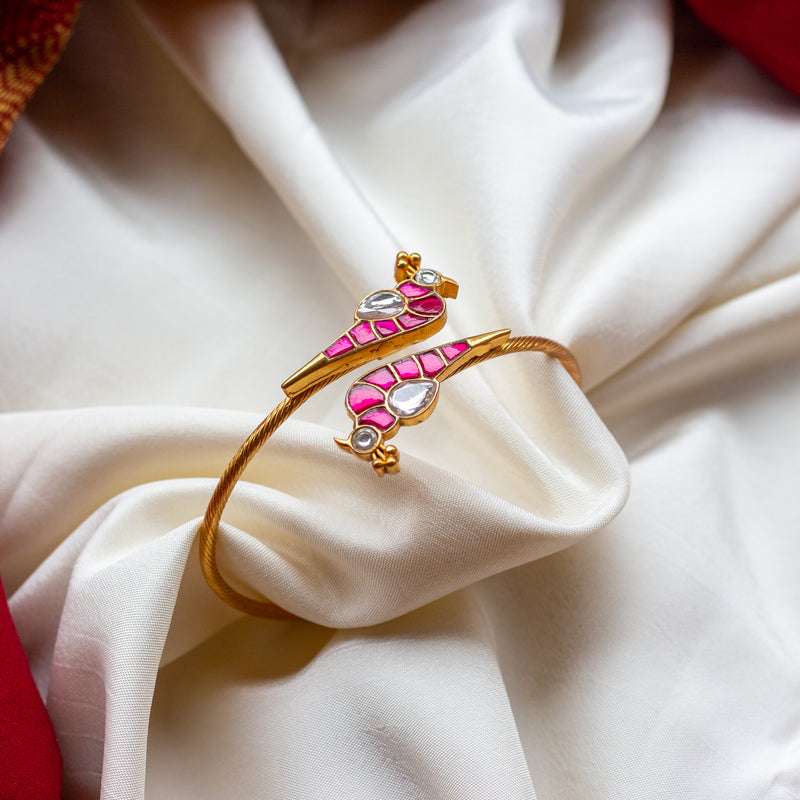 Antique Gold Jadau Kundan Premium Birds Single Kada Bracelet