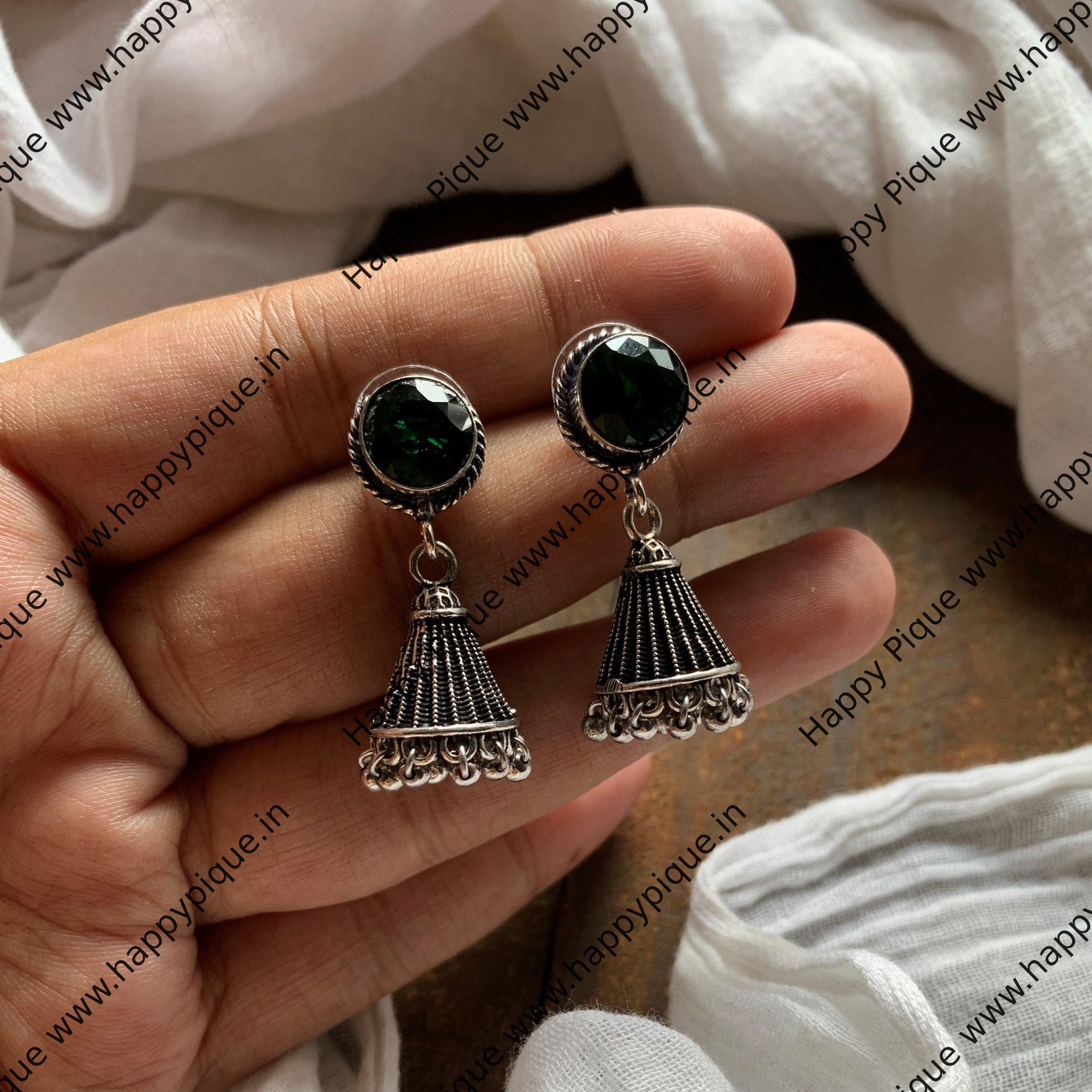 German Silver Cone Stone Jhumkas - Emerald
